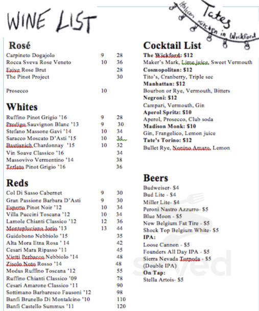 Tate's Italian Kitchen menu in North Kingstown, Rhode Island, USA