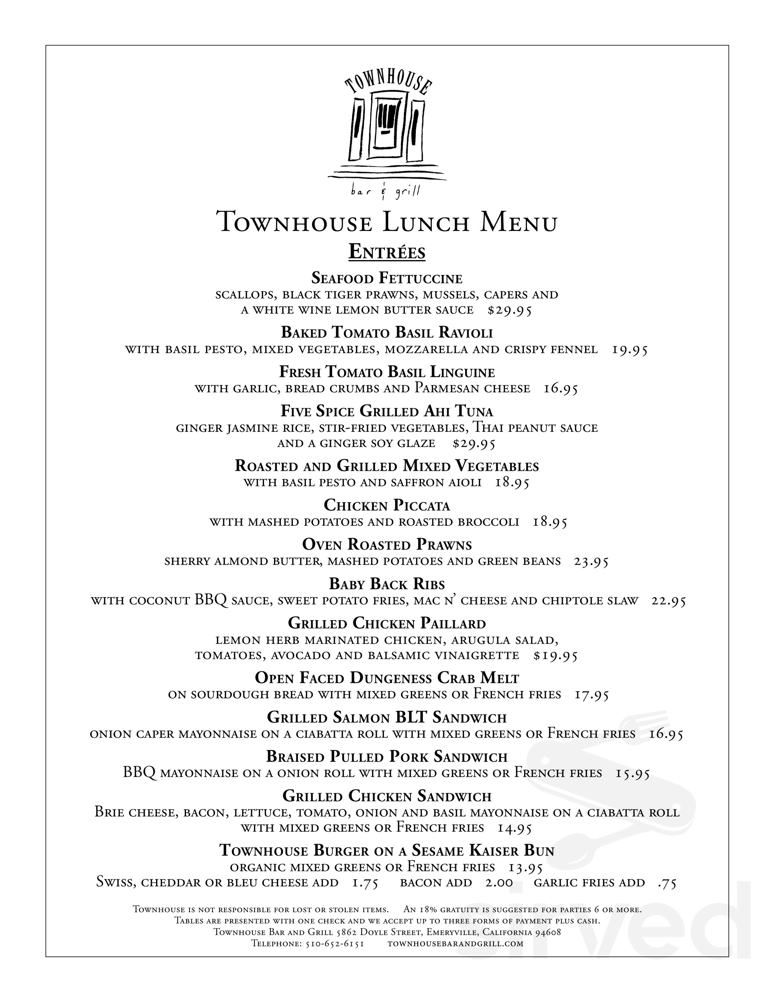 Townhouse menu in Emeryville, California, USA