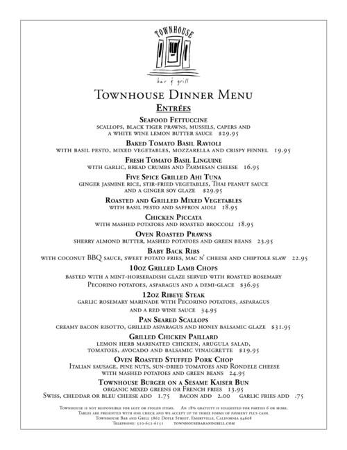 Townhouse menu in Emeryville, California, USA