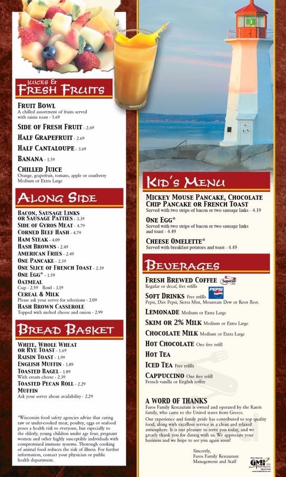 Faros Restaurant & Cocktails menu in Fond du Lac, Wisconsin, USA