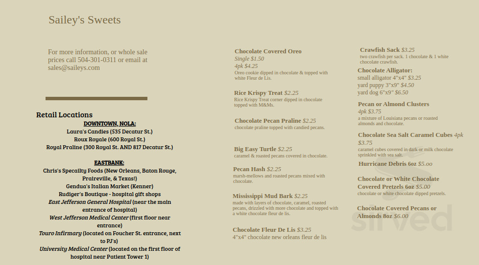 Sailey's menu in Gretna, Louisiana, USA