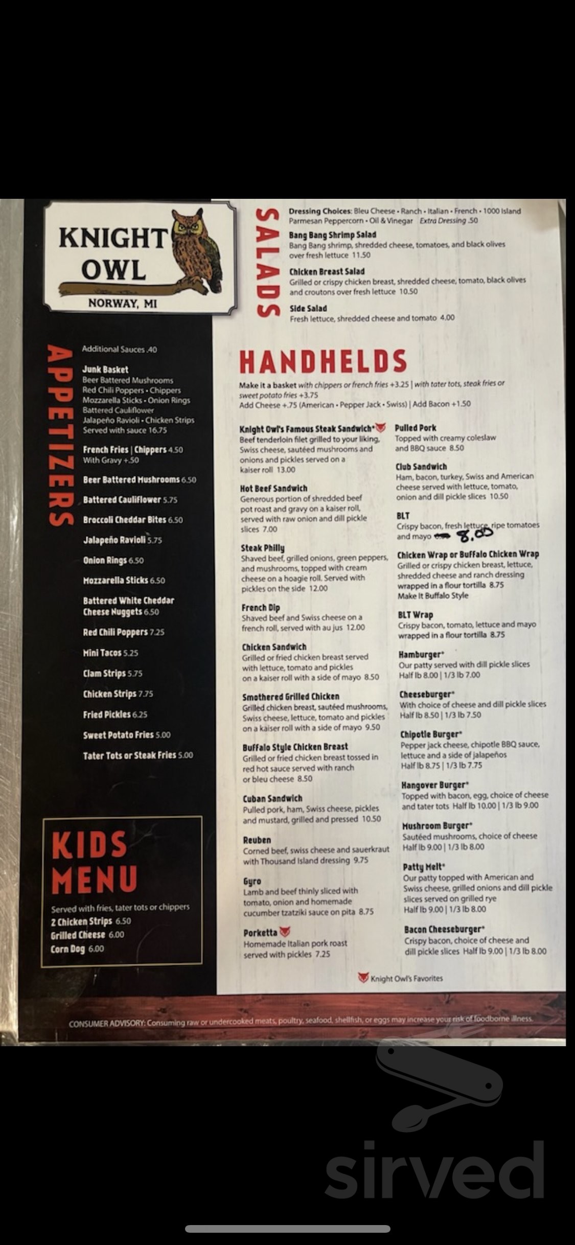 Menu for Knight Owl in Norway, MI | Sirved
