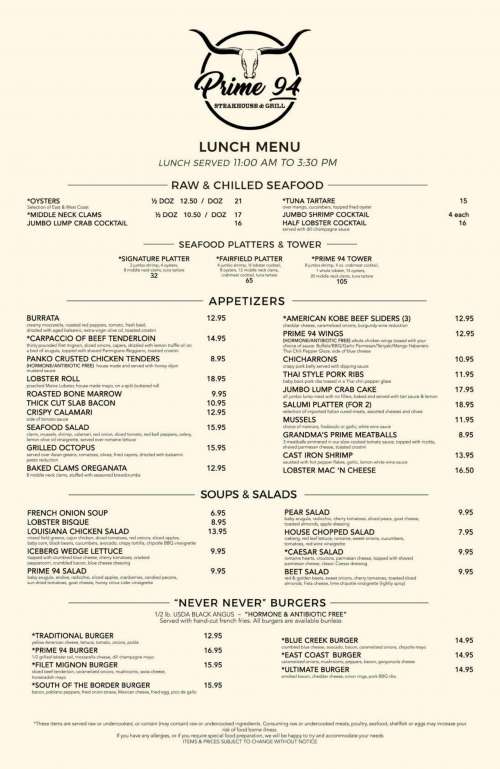 Prime 94 SteakHouse and Grill menu in Fairfield, New Jersey, USA