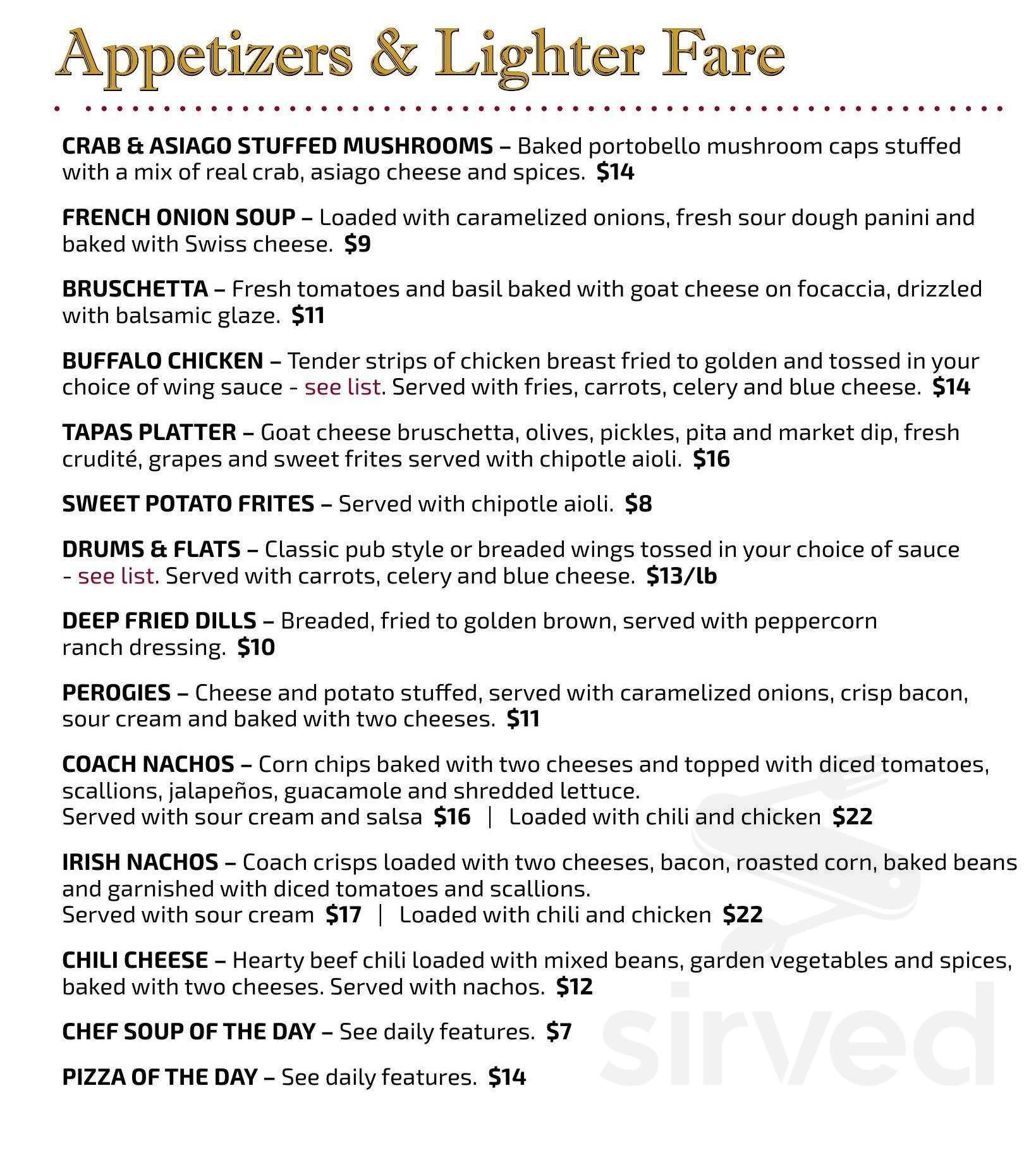 Coach & Lantern menu in Ancaster, Ontario, Canada