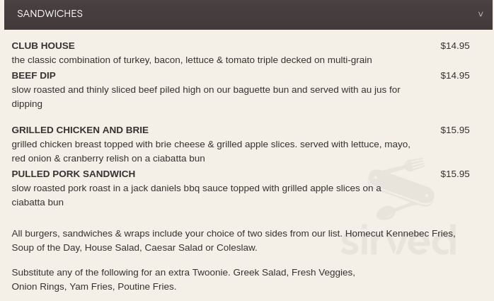 Sir Winston's Pub and Liquor Store menu in Vernon, British Columbia, Canada