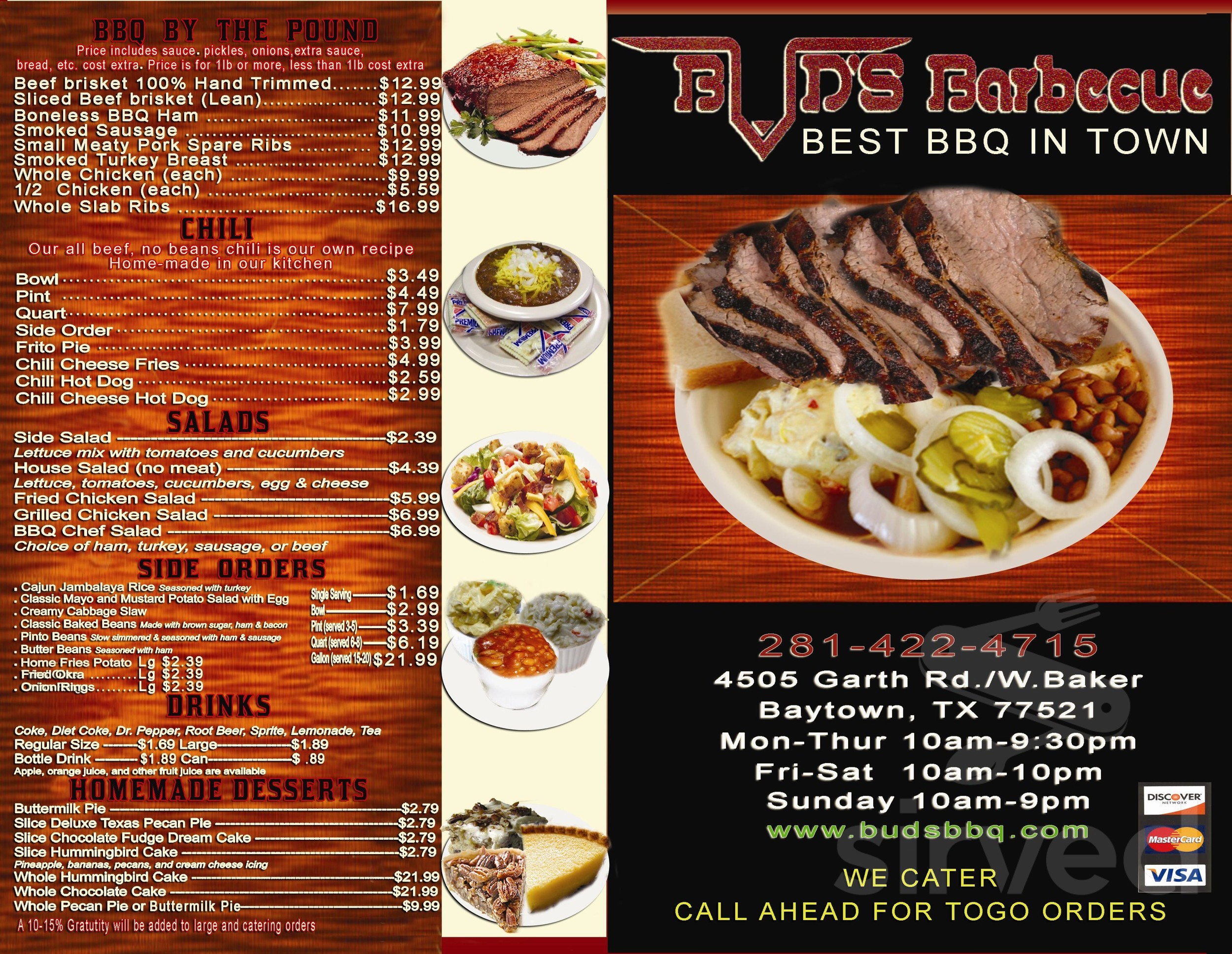 Menu for Bud's Barbecue in Baytown, TX | Sirved