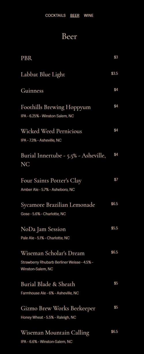 The Sage Mule menu in Greensboro, North Carolina, USA