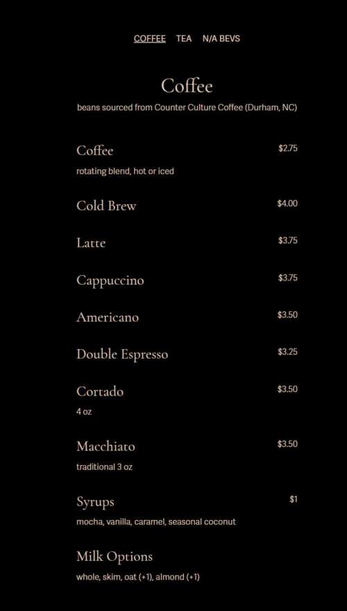 The Sage Mule menu in Greensboro, North Carolina, USA