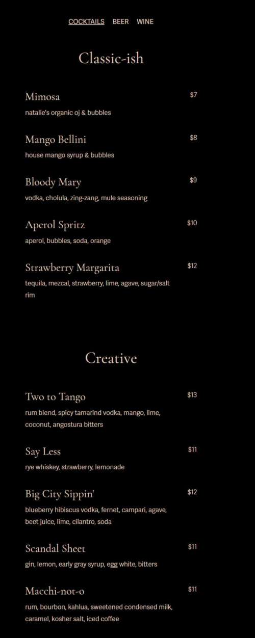 The Sage Mule menu in Greensboro, North Carolina, USA