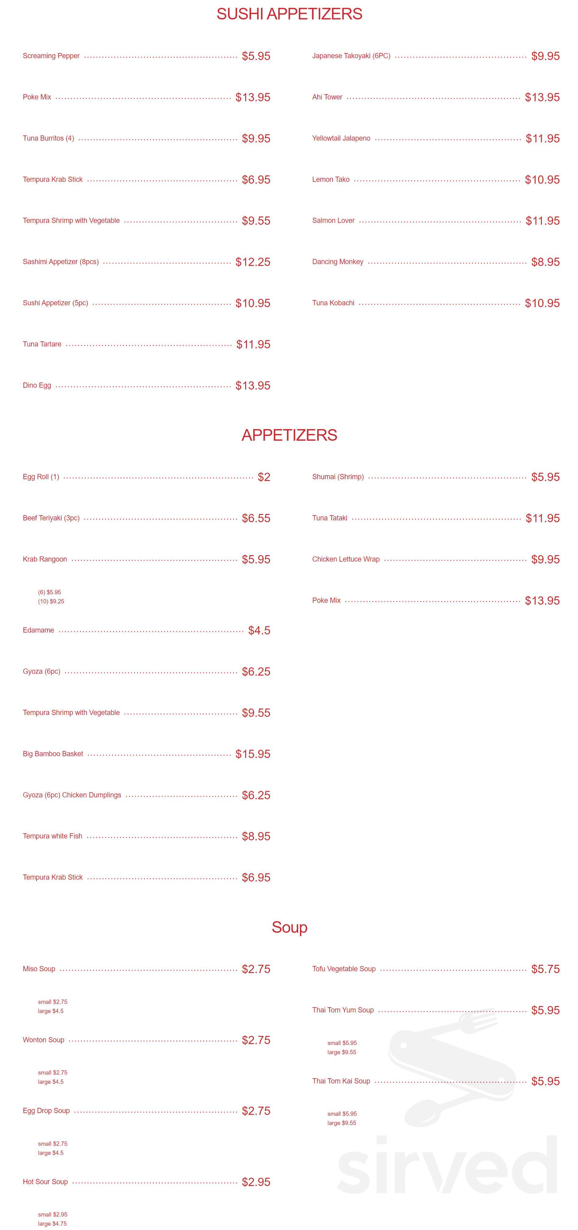 Big Bamboo Asian Fusion menu in Port Charlotte, Florida, USA