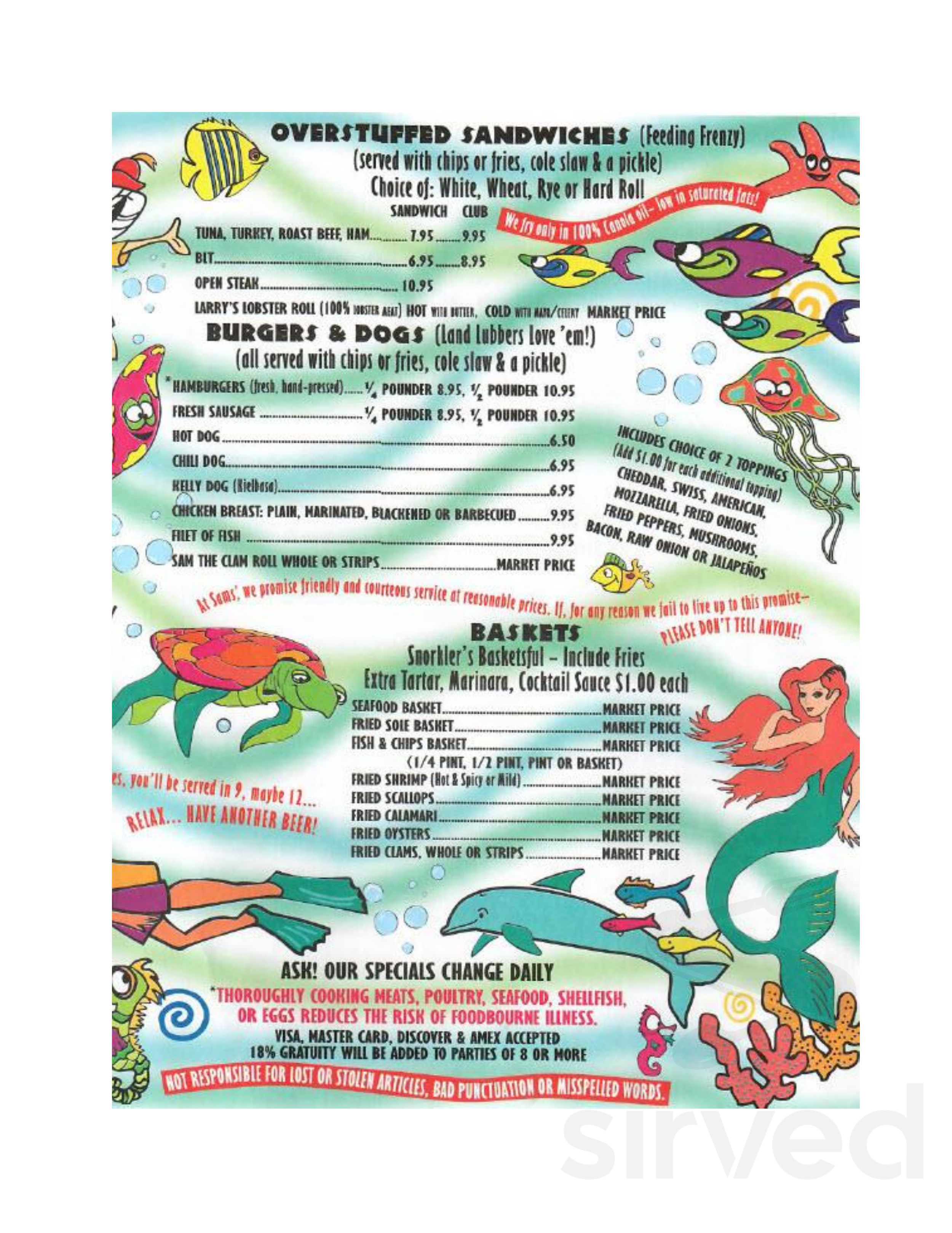 Sam The Clam Pub & Grub menu in Plantsville, Connecticut, USA