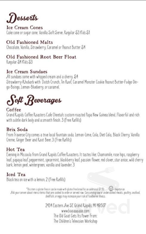 The Old Goat menu in Grand Rapids, Michigan, USA