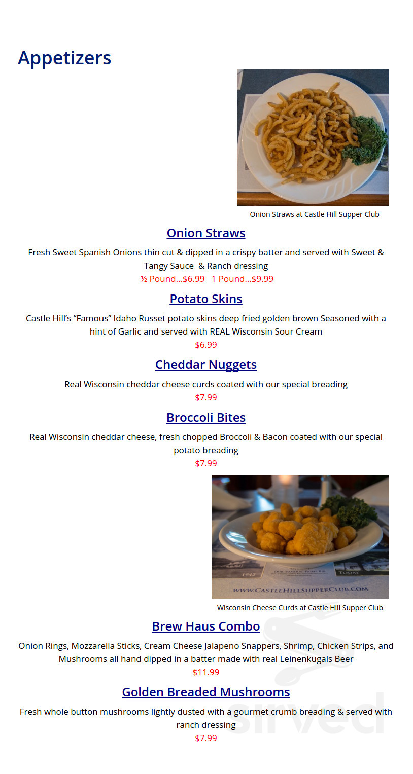 Menu for Castle Hill Supper Club in Merrillan, WI | Sirved
