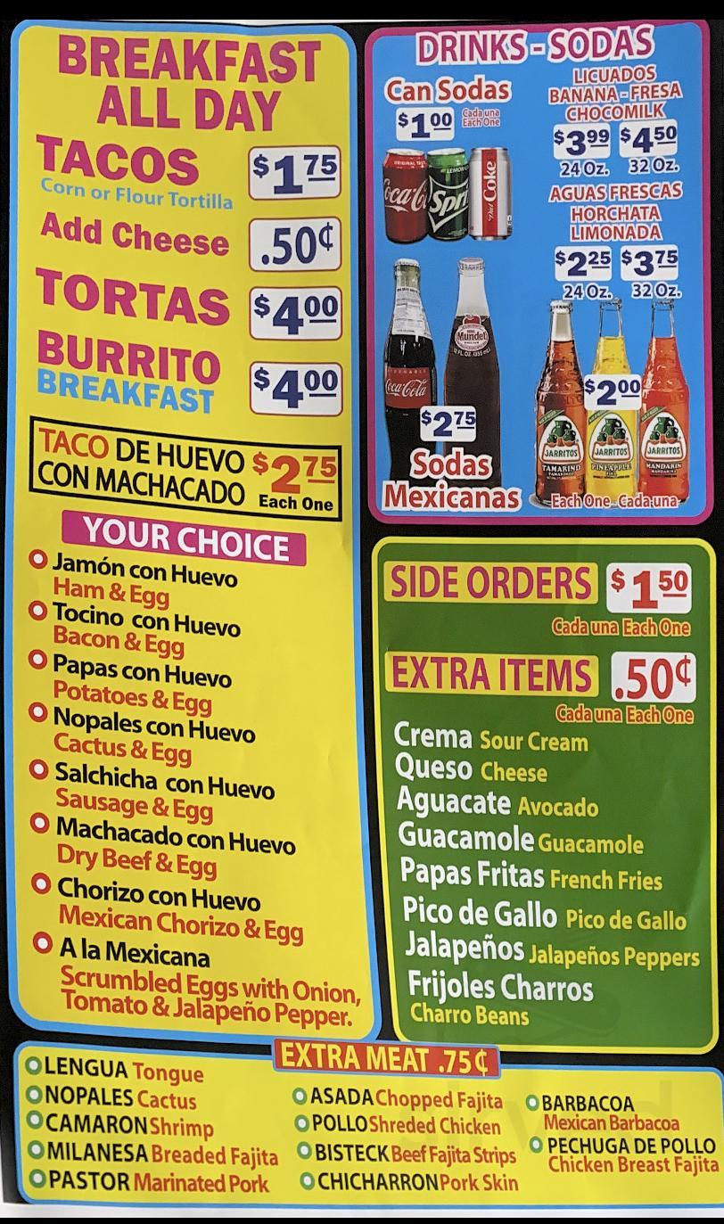 Taqueria el taco rico menu in Missouri City, Texas, USA