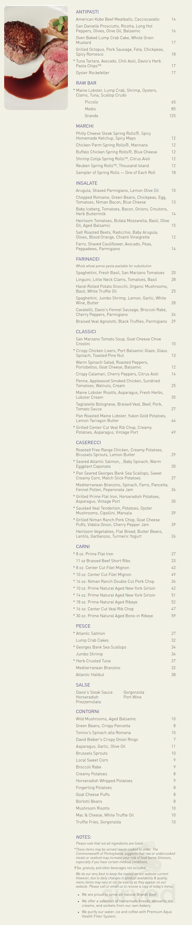 Menu for Davio's Northern Italian Steakhouse in The Colony, TX | Sirved