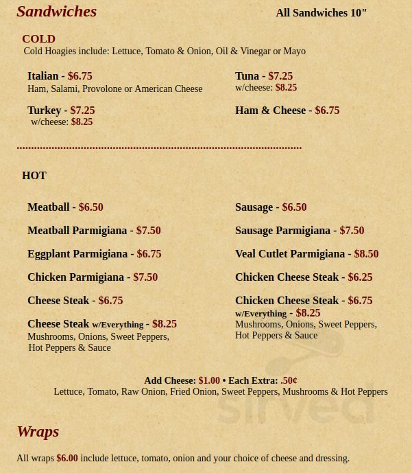 Menu - East Stroudsburg PA's Tony's Restaurant & Pizzeria | Sirved