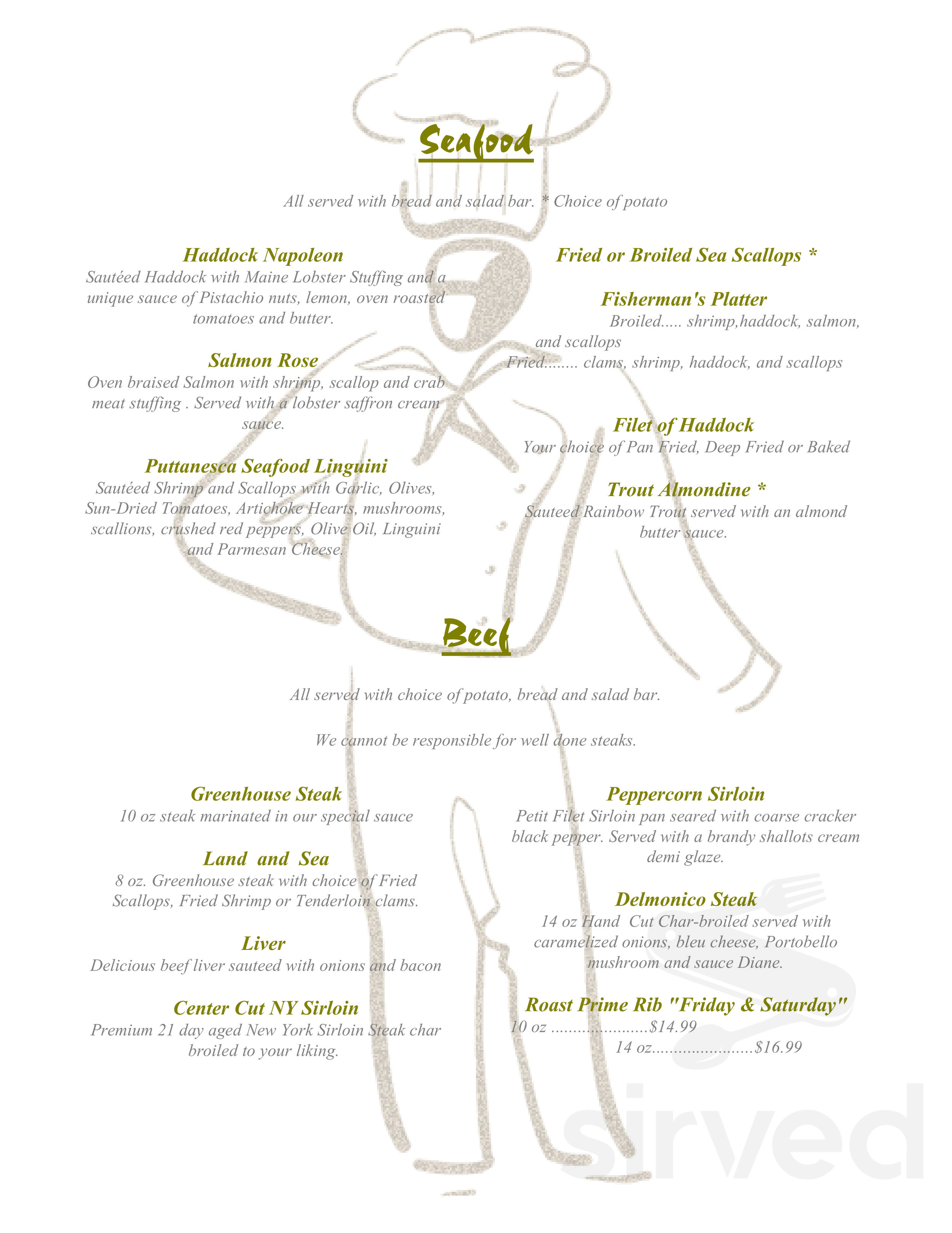 Greenhouse Restaurant menu in Caribou, Maine, USA