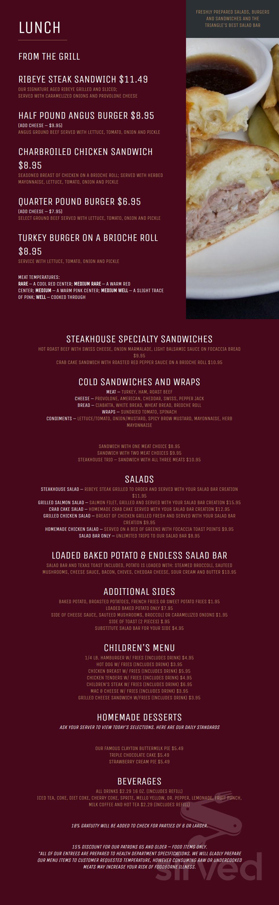 Clayton Steakhouse menus in Clayton, North Carolina, United States