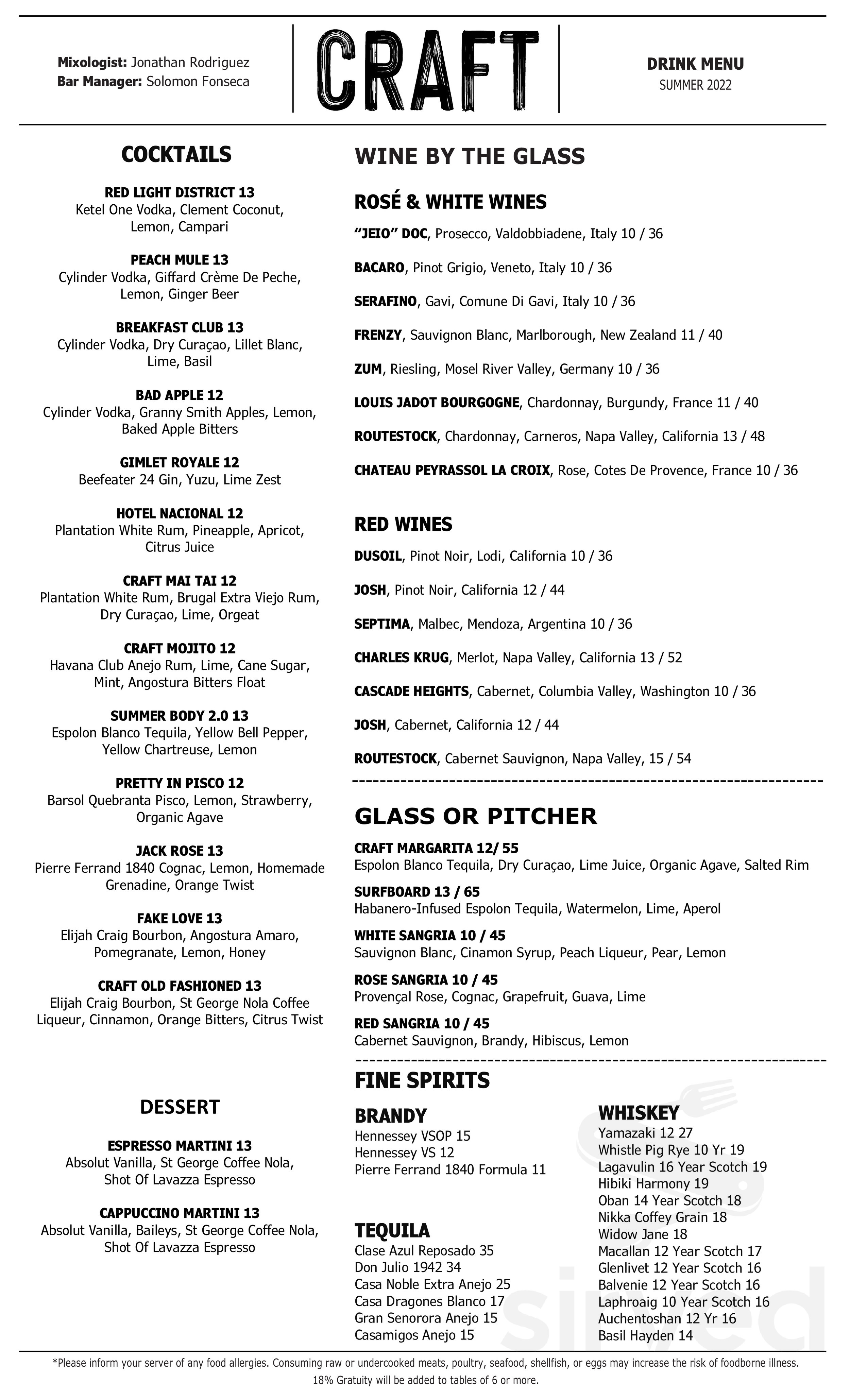 Craft Kitchen + Bar menu in Danbury, Connecticut, USA