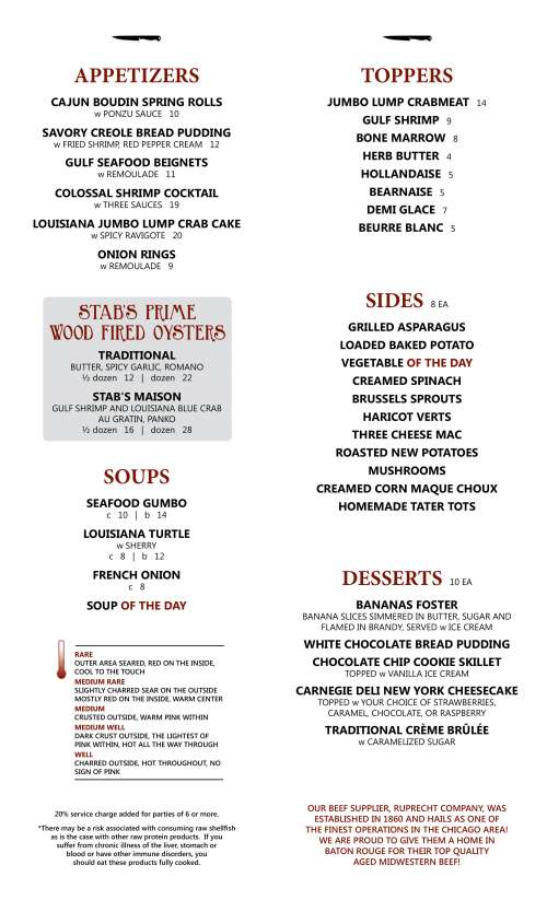 Stab's Prime Steak and Seafood menu in Baton Rouge, Louisiana, USA