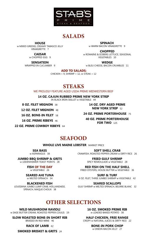 Stab's Prime Steak and Seafood menu in Baton Rouge, Louisiana, USA