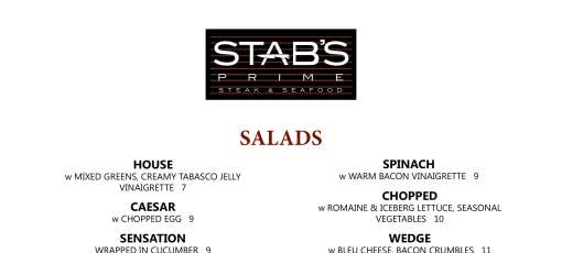 Menu for Stab's Prime Steak and Seafood in Baton Rouge, LA | Sirved