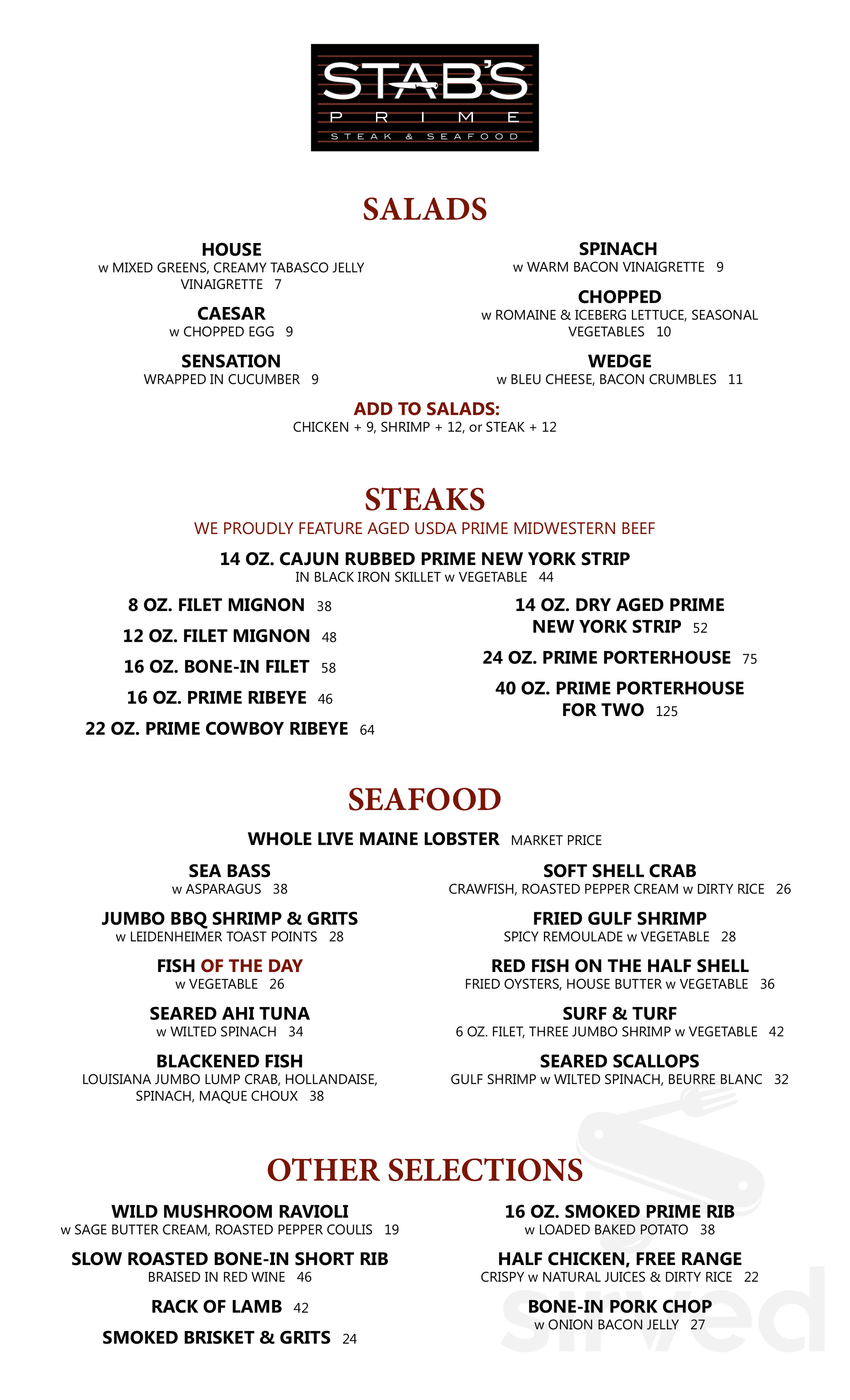 Stab's Prime Steak and Seafood menu in Baton Rouge, Louisiana, USA