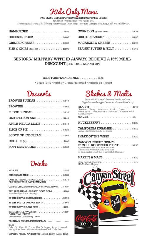 Canyon Street Grill menu in West Yellowstone, Montana, USA
