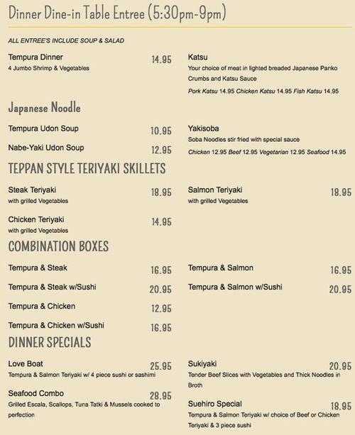 Suehiro Japanese Restaurant menu in Pueblo, Colorado, USA