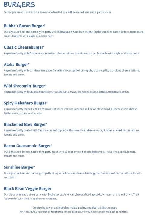 Bubba's 33 menu in Tyler, Texas, USA
