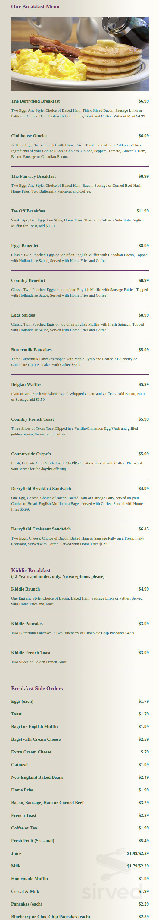 The Derryfield Restaurant menu in Manchester, New Hampshire, USA