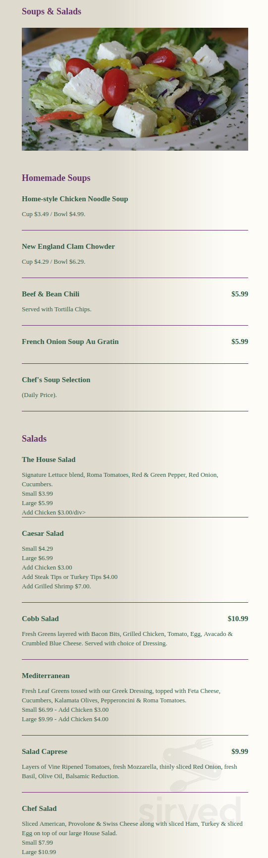 The Derryfield Restaurant menu in Manchester, New Hampshire, USA