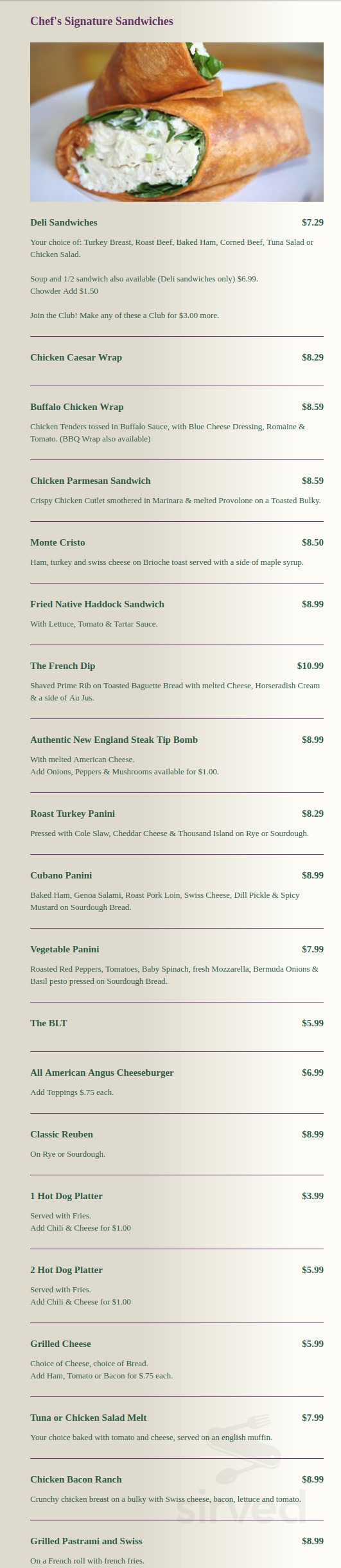 The Derryfield Restaurant menu in Manchester, New Hampshire, USA