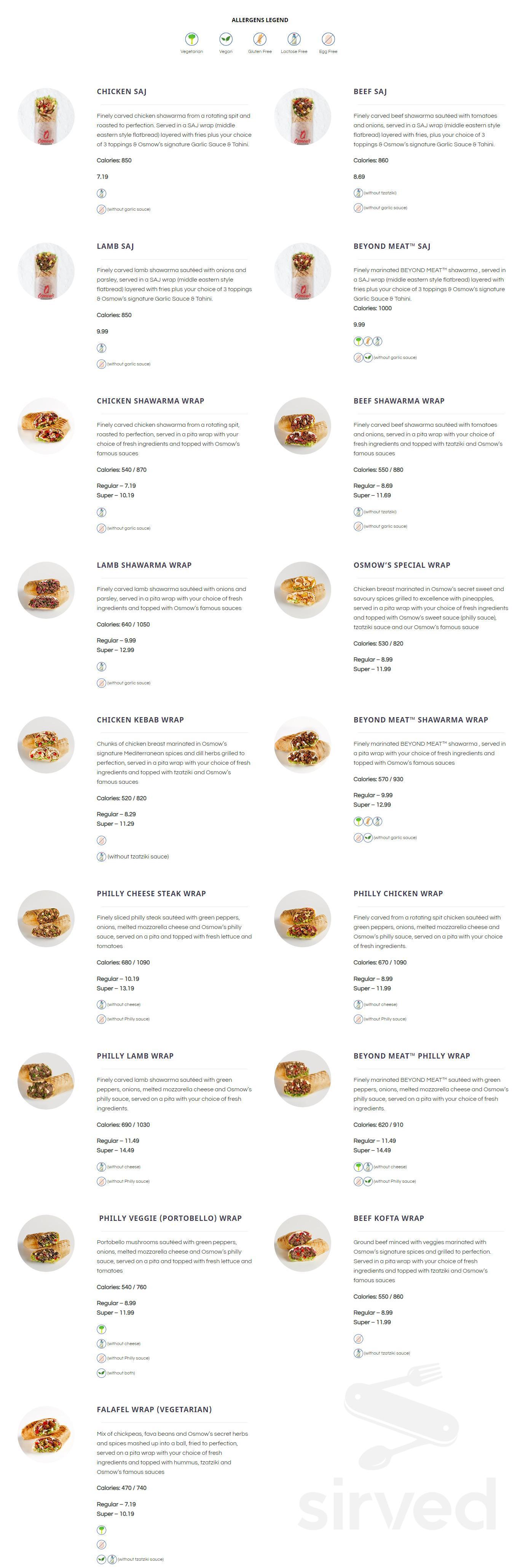 Osmow's Shawarma menu in York, Ontario, Canada