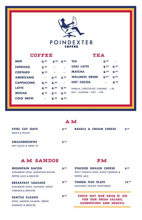 Poindexter Coffee menu in Seattle, Washington, USA