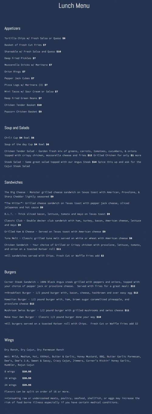 The Corner Bar and Grillz menu in Corry, Pennsylvania, USA