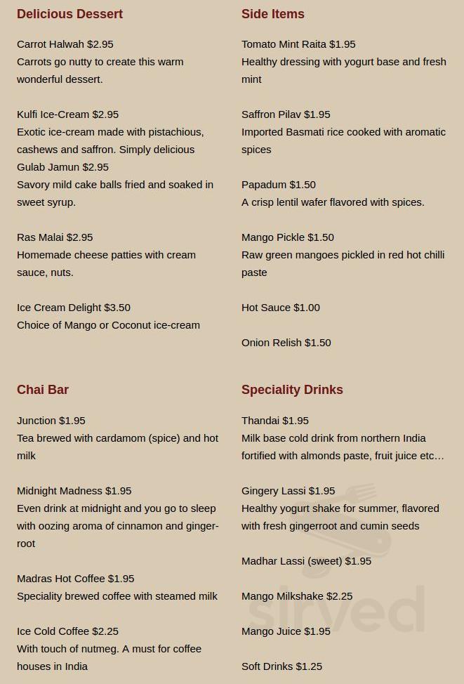 The Jaipur Junction menu in North Royalton, Ohio, USA