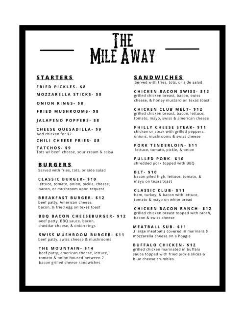 The Mile Away menu in Council Bluffs, Iowa, USA