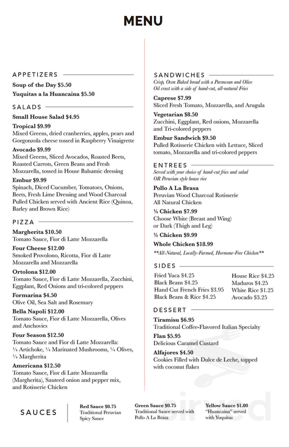 Embur Fire Fusion menu in Greensboro, North Carolina, USA
