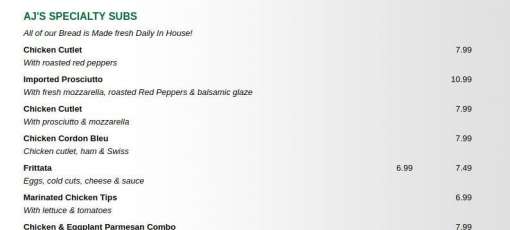 Menu for Aj's Kitchen in Wilmington, MA | Sirved