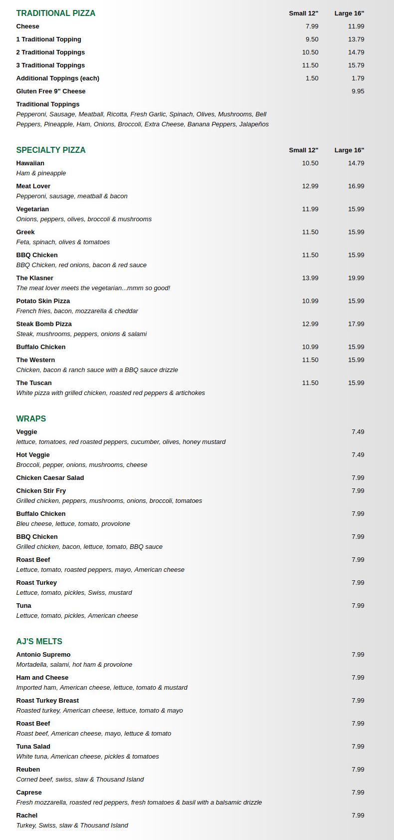 Aj's Kitchen menu in Wilmington, Massachusetts, USA