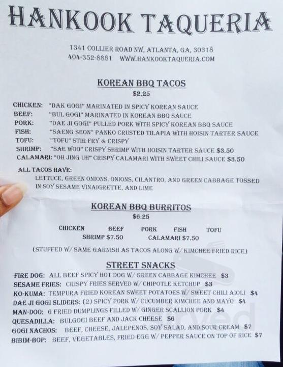 Hankook Taqueria menu in Atlanta, Georgia, USA
