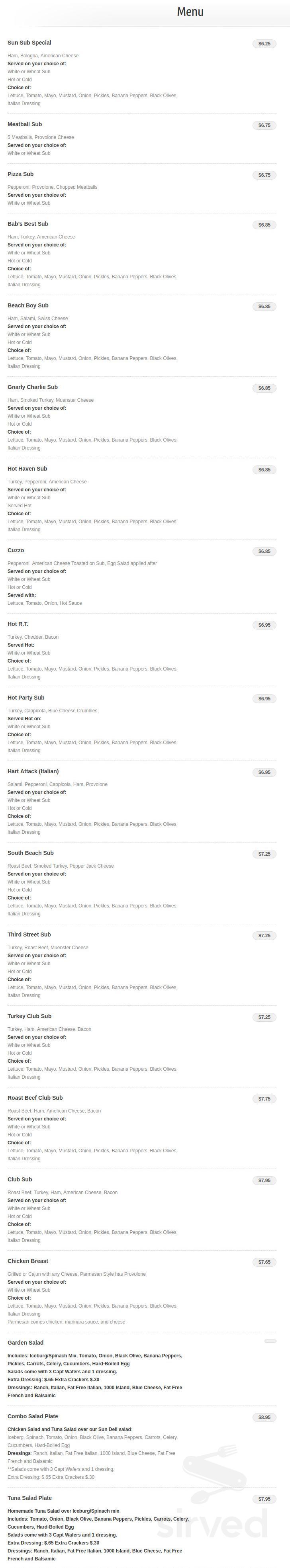 Menu for Sun Deli in Jacksonville Beach, FL | Sirved
