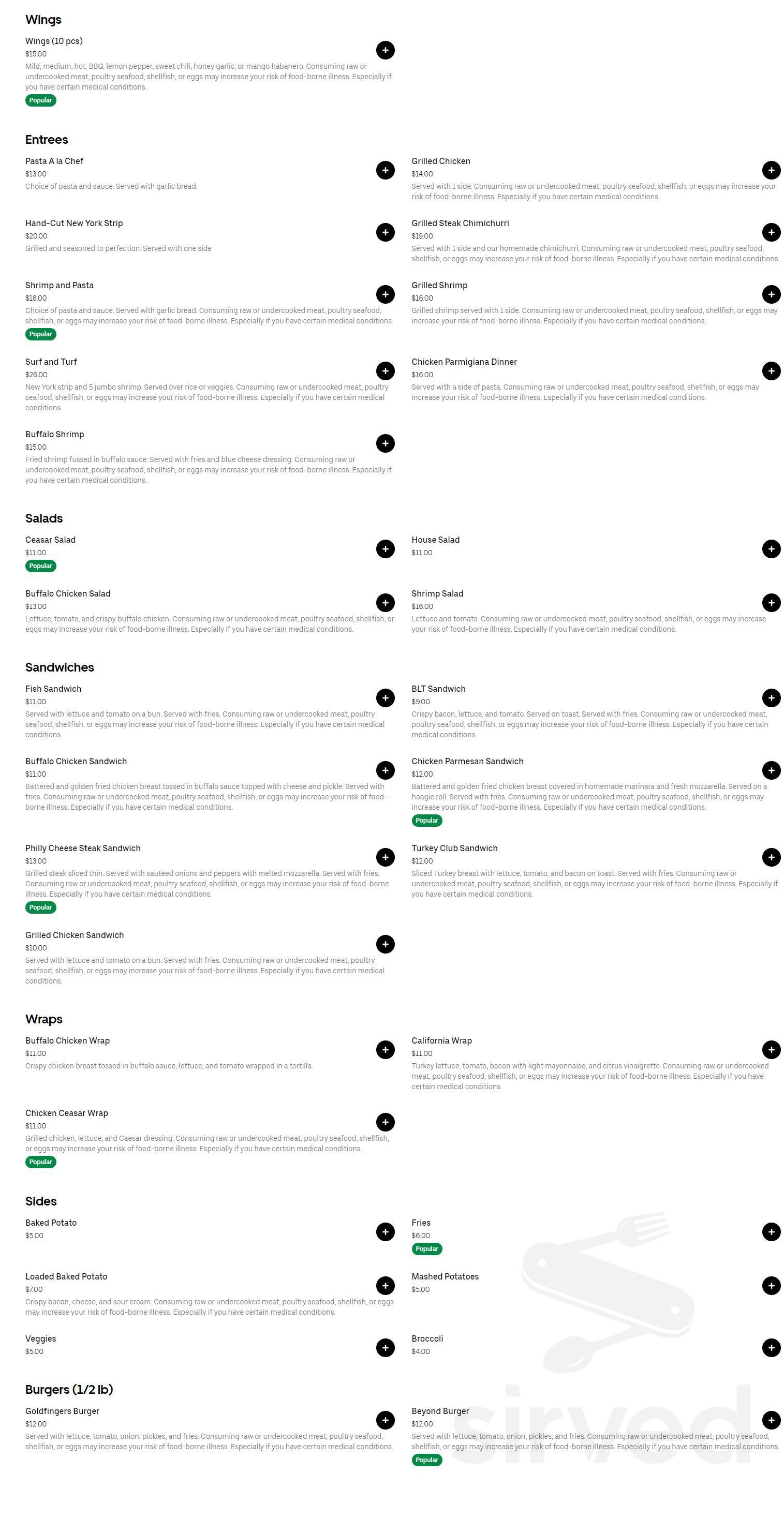 Goldfinger menu in Sunrise, Florida, USA