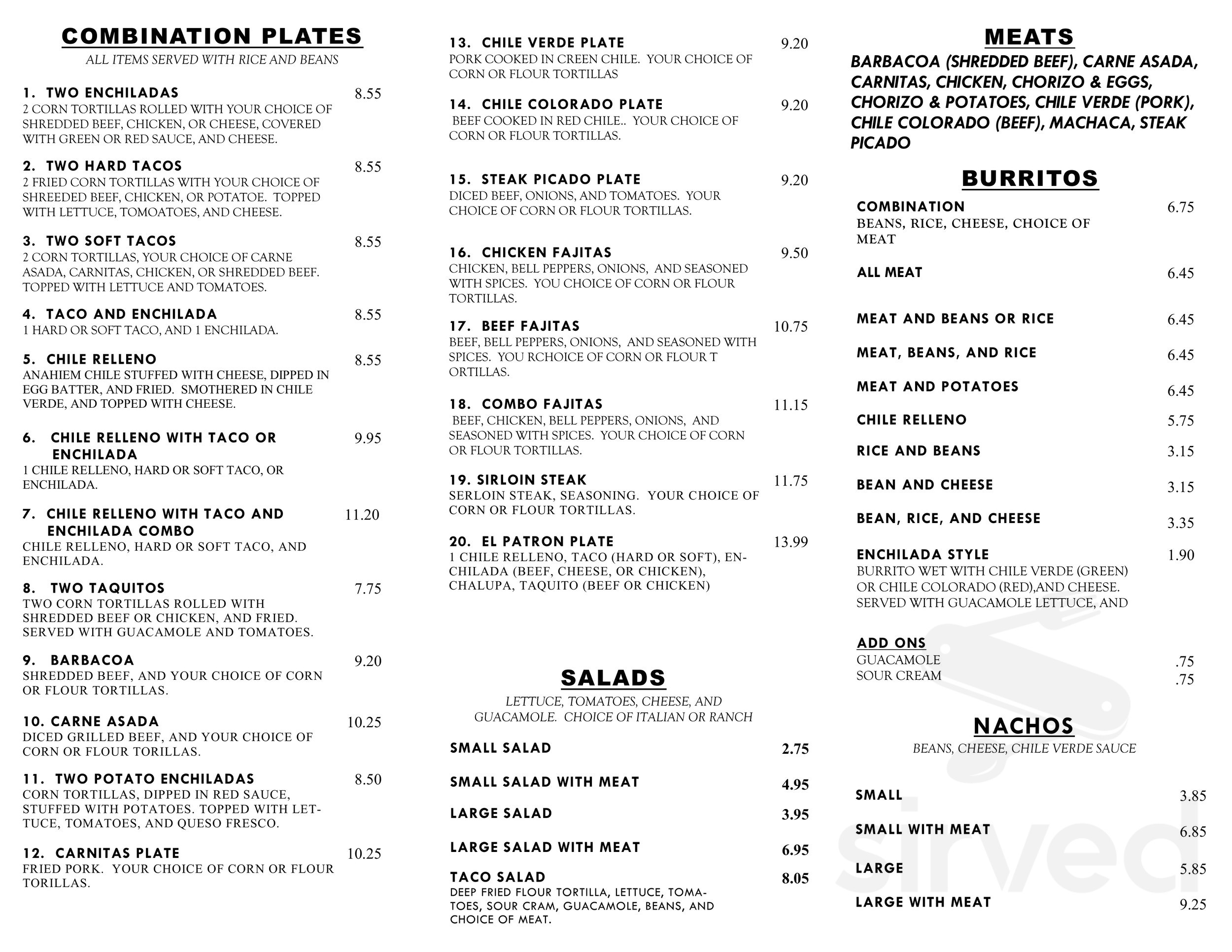 El Patron Authentic Mexican Food menu in Rancho Cucamonga, California, USA