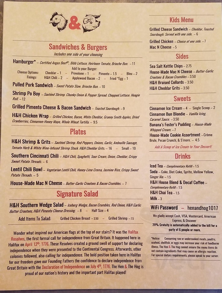 Menu for The Hen & The Hog in Halifax, NC | Sirved