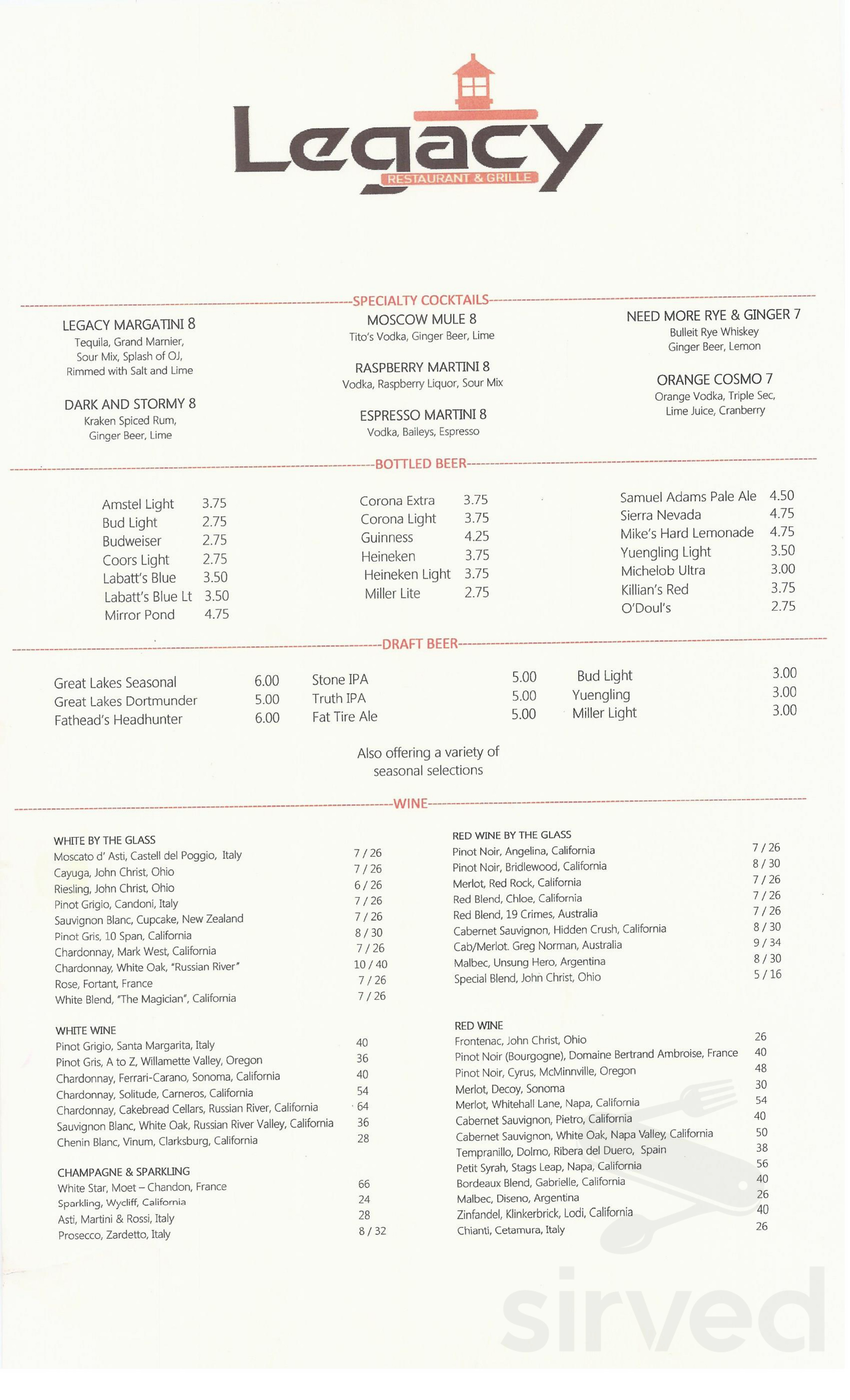 Legacy Restaurant & Grille menu in Avon Lake, Ohio, USA