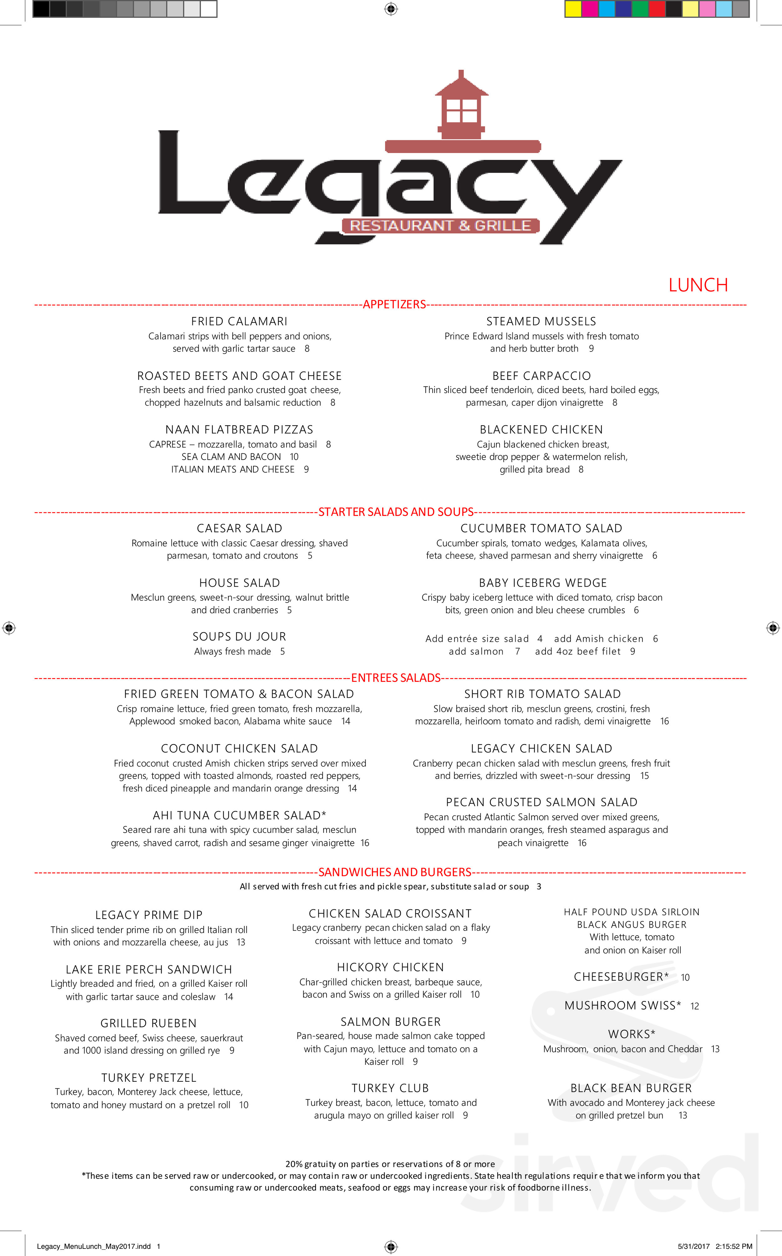 Legacy Restaurant & Grille menu in Avon Lake, Ohio, USA