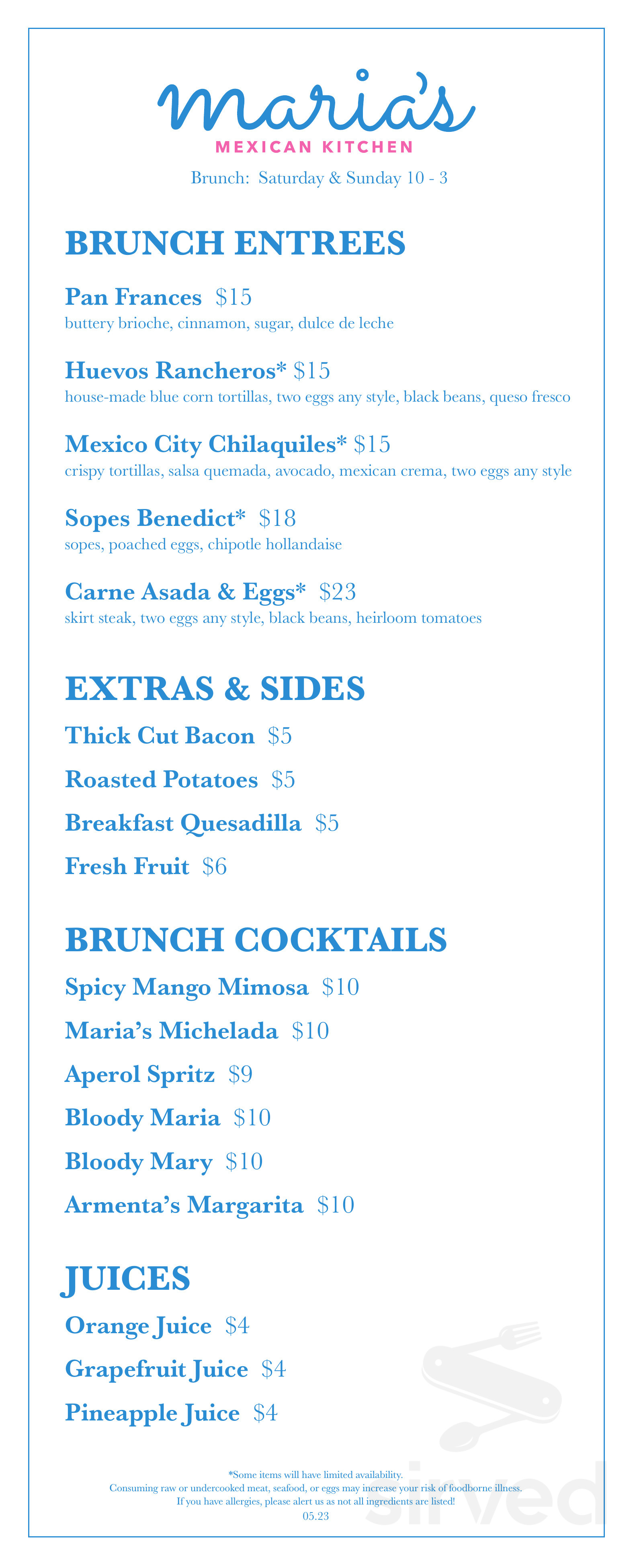 Maria's Mexican Kitchen menu in Fort Worth, Texas, USA