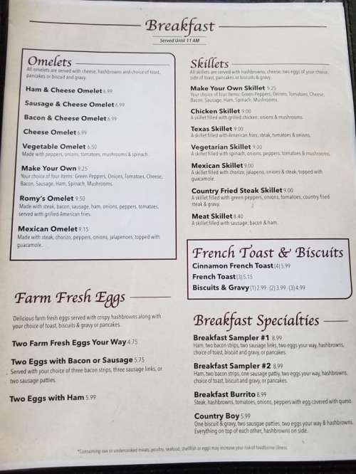 Romy's Restaurant menu in Monett, Missouri, USA